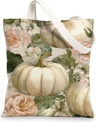 Generic Sacs fourre-tout en toile avec motif floral citrouille - Réutilisables - Légers et lavables - Pour le shopping, les voyages, la plage - 33 x 38 cm