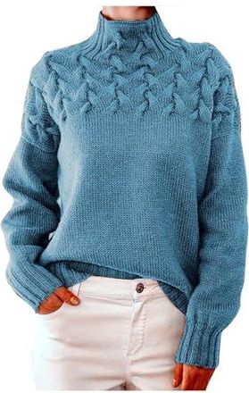 Generic Pull en tricot &agrave; col roul&eacute; pour femme, pull d&eacute;contract&eacute; chaud &agrave; manches longues, pulls &agrave; col roul&eacute; pour femme, bleu ciel, 3XL