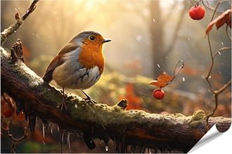 Islandburner XXL Bild Poster Rotkehlchen im Herbstwald auf moosigem Ast sitzend bei Regen Premium Bilder Fotodruck