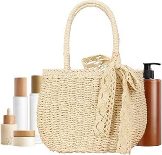 Generico Niesel Sac fourre-tout en paille avec poignées en paille | Sac à bandoulière tissé avec noeud | Sac de vacances pour femme, sac à bandoulière élégant,