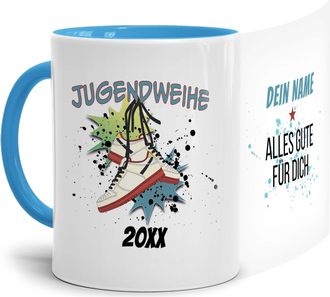 Tassendruck Personalisierte Jugendweihe-Tasse mit Jahr und Name - Turnschuhe - Jugendweihe Geschenk mit Name personalisiert, Namenstassen | 300 ml, Innen & Henkel