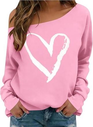 Generic Sweat-shirt &agrave; &eacute;paules d&eacute;nud&eacute;es avec imprim&eacute; coeur pour femme - Manches longues - Col rond - Pull d&eacute;contract&eacute; - Rose