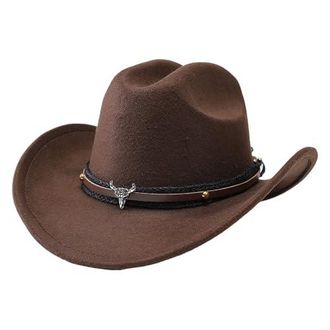 Generic Chapeau de cowboy &agrave; large bord en feutre de couleur unie chapeau de cowboy occidental unique orn&eacute; de t&ecirc;te de taureau chapeau confortable dext&eacute;rieur mi