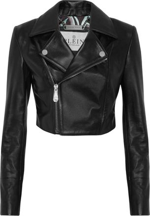 Philipp Plein Femme, Vestes, Noir, Taille: 42 FR Cropped Leather Biker Jacket LS Flame Racing
