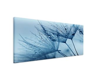 Paul Sinus Art Sinus Art 150x50cm Wandbild - Farbe Blau Petrol Panoramabild Wandbild auf echter Leinwand in sehr hoher Qualit&auml;t - Makroaufnahme L&ouml;wenzahn Wassertropf