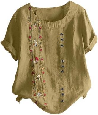 Generic T-shirt noir simple T-shirt r&eacute;tro en lin pour femme avec broderie florale T-shirt d&eacute;contract&eacute; &agrave; manches courtes pour les loisirs bureau T-shirts dr&ocirc;le