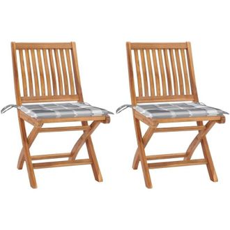 vidaXL Vidaxl - Gartenst&uuml;hle 2 Stk. Graue Karomuster-Kissen Massivholz Teak