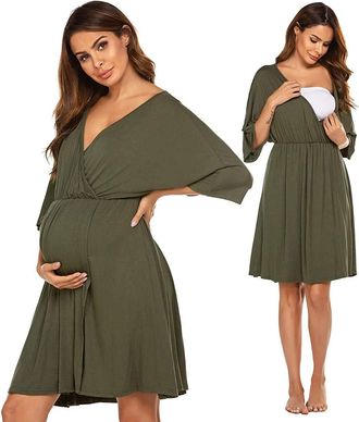 Ekouaer 3 in 1 Arbeits-/Liefer-/Krankenhauskleid, Umstandskleid, Stillnachthemd, Nachtwäsche zum Stillen, S-XXL, Armee-grün, Small