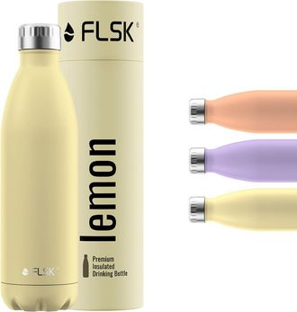 FLSK Trinkflasche - Premium Edelstahl Thermosflasche - 100 % auslaufsicher & kohlens&auml;uregeeignet - h&auml;lt 24 h kalt & 18 h hei&szlig; - BPA-frei (lemon, 750 ml)