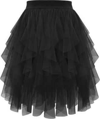 Generic Jupe midi pour femme, jupe trap&egrave;ze, jupe superpos&eacute;e en maille, taille haute &eacute;lastique, jupes dHalloween en cuir synth&eacute;tique, Noir, S