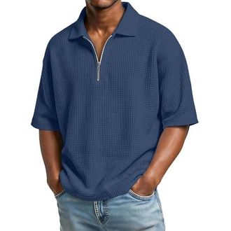 Generic Polo de sport pour homme avec fermeture &eacute;clair quart de fermeture &eacute;clair - Couleur unie - Haut gaufr&eacute; uni - T-shirt de sport &agrave; manches courtes - T-shi