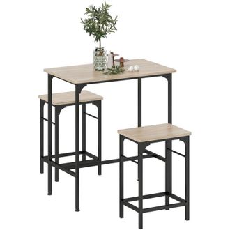 HOMCOM Ensemble table de bar avec 2 tabourets, cadre en acier pour cuisine, salle &agrave; manger et salon, effet bois naturel-Bois naturel