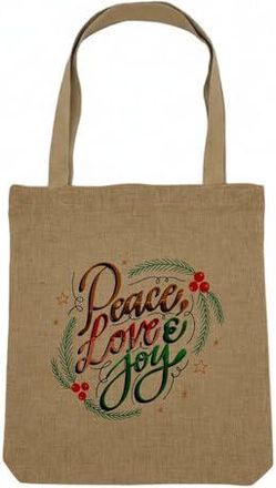 Fabulous Sac Shopping Tote Bag Aspect Lin - Peace Love and Joy Noel Houx C&eacute;l&eacute;bration Sapin - Sac de Courses Toile Epaisse 360g Beige Naturel Cabas Port&eacute; Epaule