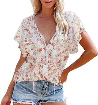 Generic Robes boh&egrave;me pour femmes, chemises d&eacute;t&eacute; d&eacute;contract&eacute;es &agrave; manches courtes et col en V avec col en V et manches courtes pour femmes, chemisiers amples, r