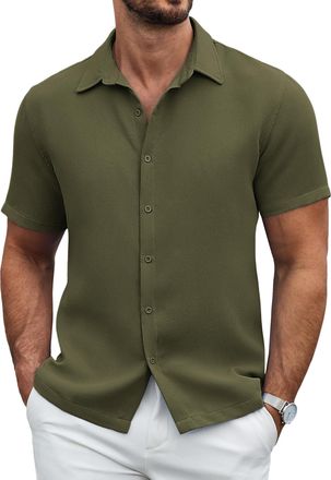 Coofandy Herren Kurzarm Hemd Regular Fit Freizeithemd Sommer Waffelhemd Casual Strandhemd Textured Shirt Armeegr&uuml;n 3XL