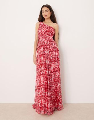 Lace & Beads Robe longue et asym&eacute;trique en tulle imprim&eacute; fleuri avec encolure &agrave; d&eacute;tail foulard - Rouge