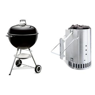 Weber 1341504 Holzkohlegrill Classic Kettle, 57 cm Durchmesser, schwarz & 7416 Anz&uuml;ndkamin Rapidfire, Grillen mit Kohle, Anz&uuml;nden, 19 x 19 x 30.5 cm