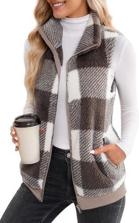 Feoya Femme Gilet en Polaire Veste en Molleton Adulte Doudoune sans Manche Veste Laine Matelassée sans Manche avec Poches Beige 3XL
