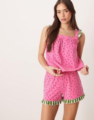 Chelsea Peers Pyjama aus ausgestelltem Tr&auml;gertop und Shorts in Rosa mit Polka Dots im Wassermelonen-Design