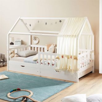 IDIMEX Hausbett NUNA aus massiver Kiefer, Montessori Bett in 90 x 200 cm mit Rausfallschutz, Spielbett mit Schubladen, modernes Kinderbett mit Dach in wei&szlig;