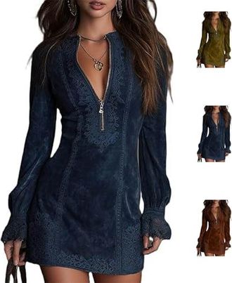 Generic Robe en daim avec col en V et fermeture &eacute;clair, mini robes dautomne en daim pour femme, robes de cowgirl chic, noir fonc&eacute;, XS