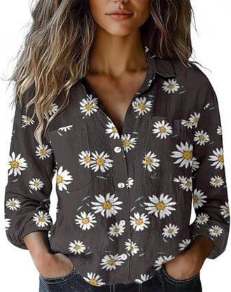 ORANDESIGNE Chemisier Femme Chic et &eacute;l&eacute;gant Chemise Bouton Boho Blouse &agrave; Imprim&eacute; Floral Haut Manches Longues avec Poche Poitrine A Noir M