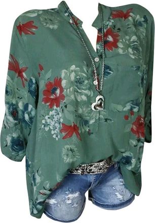 Minetom Damen Vintage Bohemian Blusen Boho Tunika Hippie Blumen Bluse Elegante Oberteile Tops Langarm Shirt 001 Gr&uuml;n 48