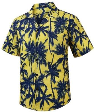Hisdern Chemise Hawa&iuml;enne Homme Manches Courtes Jaune - Poche Avant, Imprim&eacute; Palmiers, Aloha - Pour Plage, &Eacute;t&eacute;, Casual - Taille XL