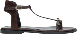 Estro & Luminara Femme, Chaussures, Brun, Taille: 38 EU Sandales Plates en Cuir et Velours avec D&eacute;tails Dor&eacute;s