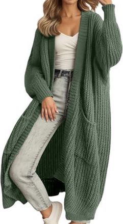 Generico Cardigan long avec poches pour femme en tricot à manches longues pour automne et hiver, Vert militaire, XXL