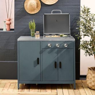 Sweeek Barbecue gaz 3 br&ucirc;leurs. bleu gris. 3 portes et 2 espaces de rangement