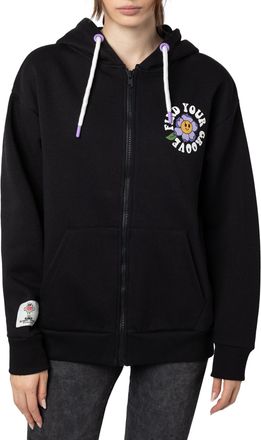 Eight2Nine Damen Sweatjacke mit Backprint, Oversized Trendy Zipperjacke Dark-Grey XS