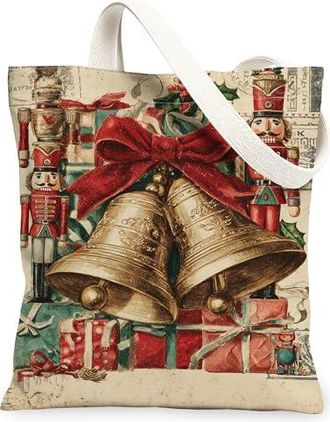 Generic Sacs fourre-tout en toile avec cloches de No&euml;l vintage, sacs d&eacute;picerie r&eacute;utilisables, l&eacute;gers et lavables avec bandouli&egrave;re, Rouge, 13x15 Inch