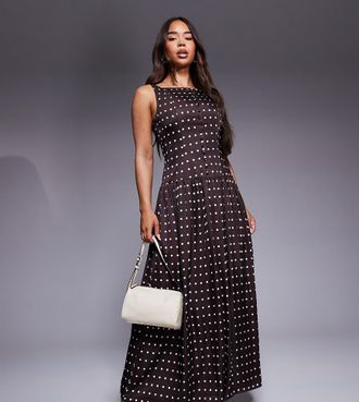 KAIIA Exklusives, hochgeschlossenes Satin-Maxikleid in Schokobraun gepunktet mit eckigem Ausschnitt, Knopfleiste und tief angesetzter Taille-Bunt