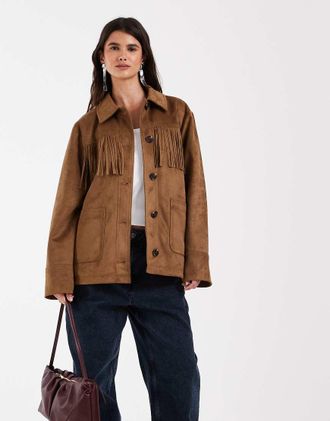 Only Veste en faux daim &agrave; d&eacute;tails frang&eacute;s marron fonc&eacute;