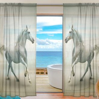 Mnsruu Wei&szlig;e Pferde-Vorh&auml;nge, Voile, Fenstervorhang, 213 cm lang, f&uuml;r Wohnzimmer, 2 Paneele