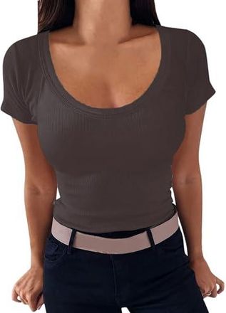 Generico T-shirt pour femme à manches courtes ajusté, t-shirt basique et élégant avec col rond, chemise sexy élastique en jersey pour lété décontracté, gris, M