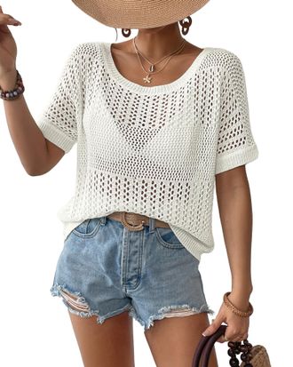 Bsubseach Crochet Tops für Frauen Kurzarm Cover Ups für Bademode Frauen Stricken Hollow Out Pullover Mesh Top Weiß XXL
