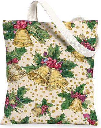 Generic Sacs fourre-tout en toile de vacances, motif cloche et houx, sacs d&eacute;picerie r&eacute;utilisables, l&eacute;gers et lavables, toile pour voyage, plage, 33 x 38 cm