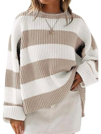 Generic Pull ray&eacute; c&ocirc;tel&eacute; &agrave; col rond pour femme, manches longues, rayures surdimensionn&eacute;es, kaki, 1X