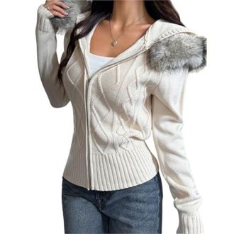 Generic Y2K Cardigan &agrave; capuche en tricot pour femme avec fermeture &eacute;clair et manches longues et bordure en fourrure, automne/hiver, abricot, XL