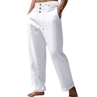 Generic Pantalon de jogging pour homme en lin avec jambe droite et taille et cravate pour printemps et automne, Blanc., 3XL