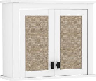 HOMCOM Armoire murale pour salle de bain multifonction suspendue avec 2 portes en rotin PE &Eacute;tag&egrave;re r&eacute;glable 60 x 19,5 x 49,4 cm Blanc