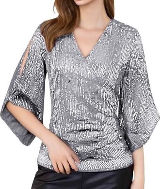 Generic Haut &agrave; Paillettes pour Femmes 3/4 Manches Cloches- Top Sexy Grande Taille-Tunique Col en V Chic Et Elegant Slim Fit Chemisier Patchwork Tenue des Ann&eacute;