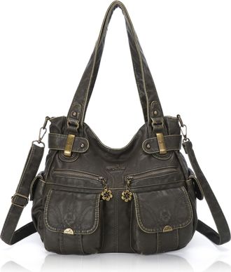 Angel Kiss Angelkiss Designer-Handtasche f&uuml;r Damen, gro&szlig;er Doppelrei&szlig;verschluss, mehrere Taschen, gewaschenes Leder, Medium