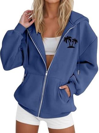 Generic 2026 Vestes &agrave; capuche &agrave; fermeture &eacute;clair pour femmes et adolescentes avec capuche enti&egrave;rement zipp&eacute;e, pull &agrave; manches longues et poches, bleu marine, X