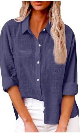 Generic Chemise en lin &agrave; manches longues pour femme 2026 tendance en coton et lin avec col en V, t-shirt ample d&eacute;contract&eacute; pour sortir, v&ecirc;tements avec poches,