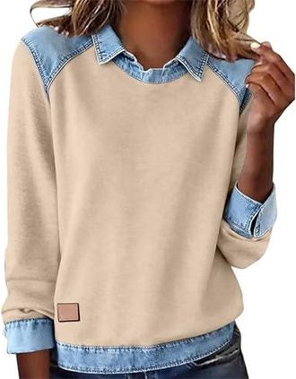 Generic Pull Femme Denim Patchwork Sweatshirt Femme Sans Capuche Manches Longues Col Revers Tee Tops Casual Mode T-shirt &agrave; Manches Longues Chemisier Contraste