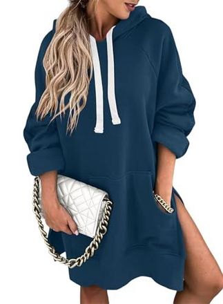 Generic Sweat &agrave; capuche surdimensionn&eacute; de couleur unie pour femme - Robe longue d&eacute;contract&eacute;e &agrave; ourlet fendu - Pull &agrave; manches longues avec poche - Automne, ble