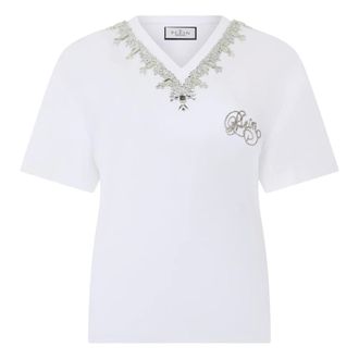 Philipp Plein Femme, Tops, Blanc, Taille: 40 FR V-Neck T-Shirt Crystals